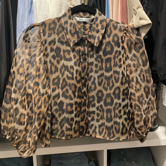 Zara | Tops | Zara Leopard Animal Print Organza Puff Sleeve Top Size ...